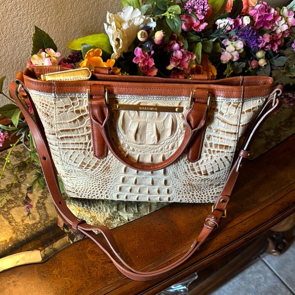 Brahmin | Bags | Brahmin Tan And Cream Satchel With Croc Embossed ...